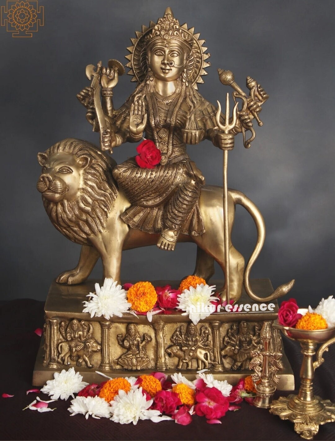Big the Ten Armed Simhavahini Durga on Ashta-devi Base in Brass Handmade Made in India Brass Maa ...