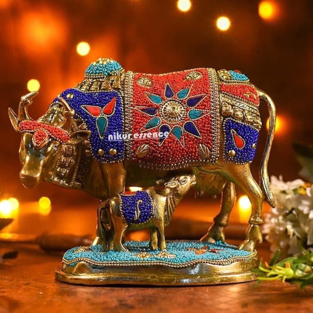 Lucky Nandi Kamdhenu Cow & Calf With Inlay Colored Stone - Etsy
