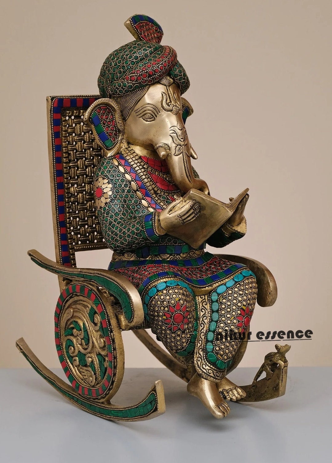 Brass Ganesha on Chair Reading Book Statue With Beautiful - Etsy