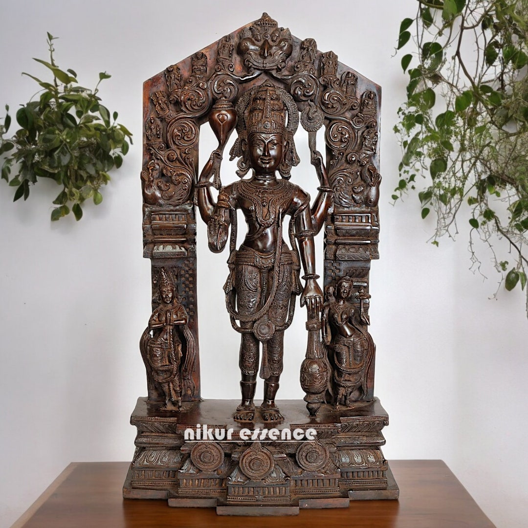 Big Size Lord Vishnu With Shridevi and Bhudevi aureole Depicting His Ten Incarnations Brass Lord ...
