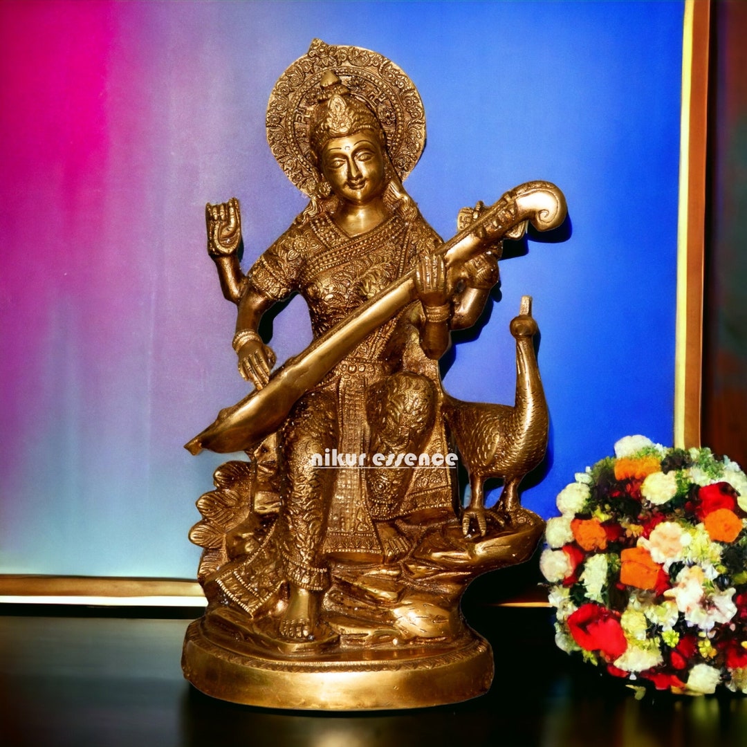 Big Size Saraswati Maa Brass Idol, Gold Color Saraswati Devi Murthy ...