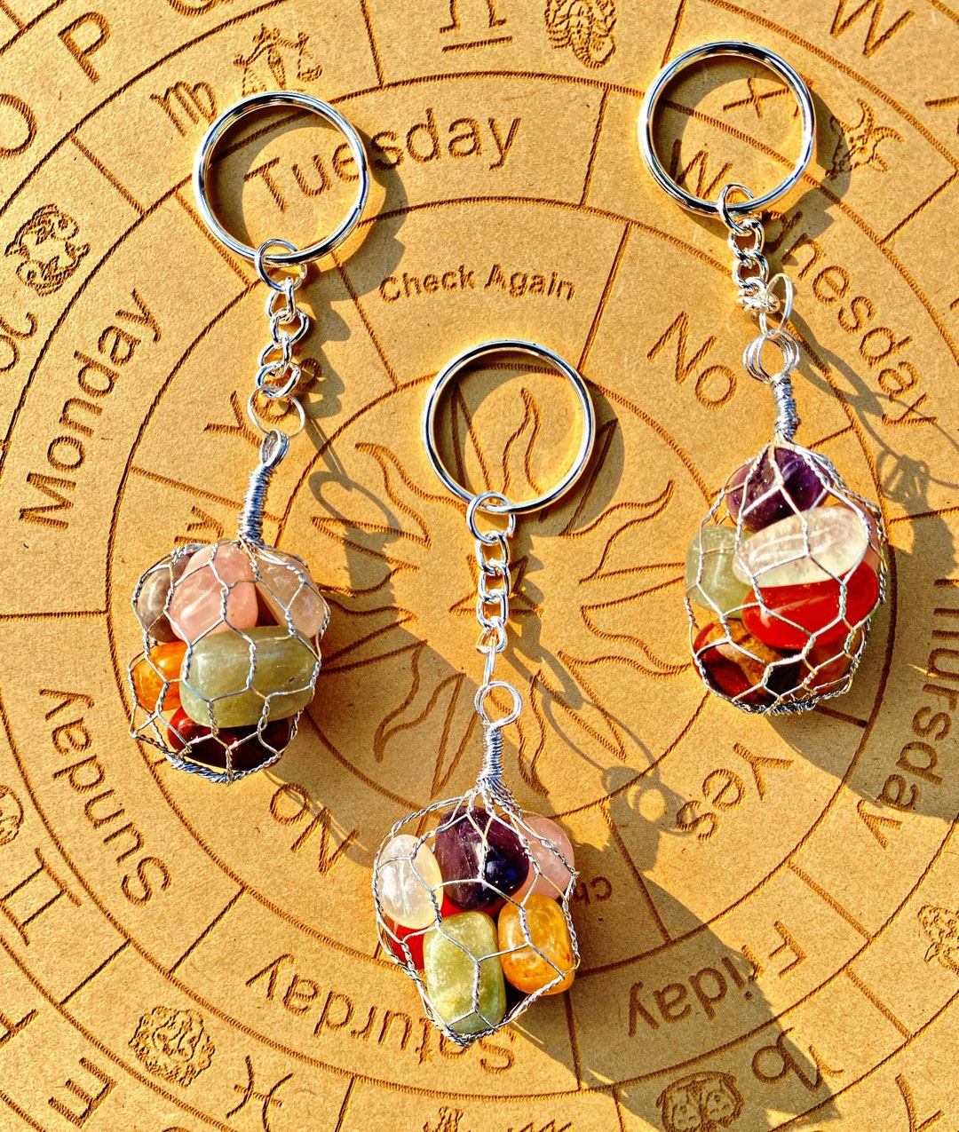 7 Chakra Small Tumble Sliver Cage Keychain, Gemstone Small Tumble ,7pc ...