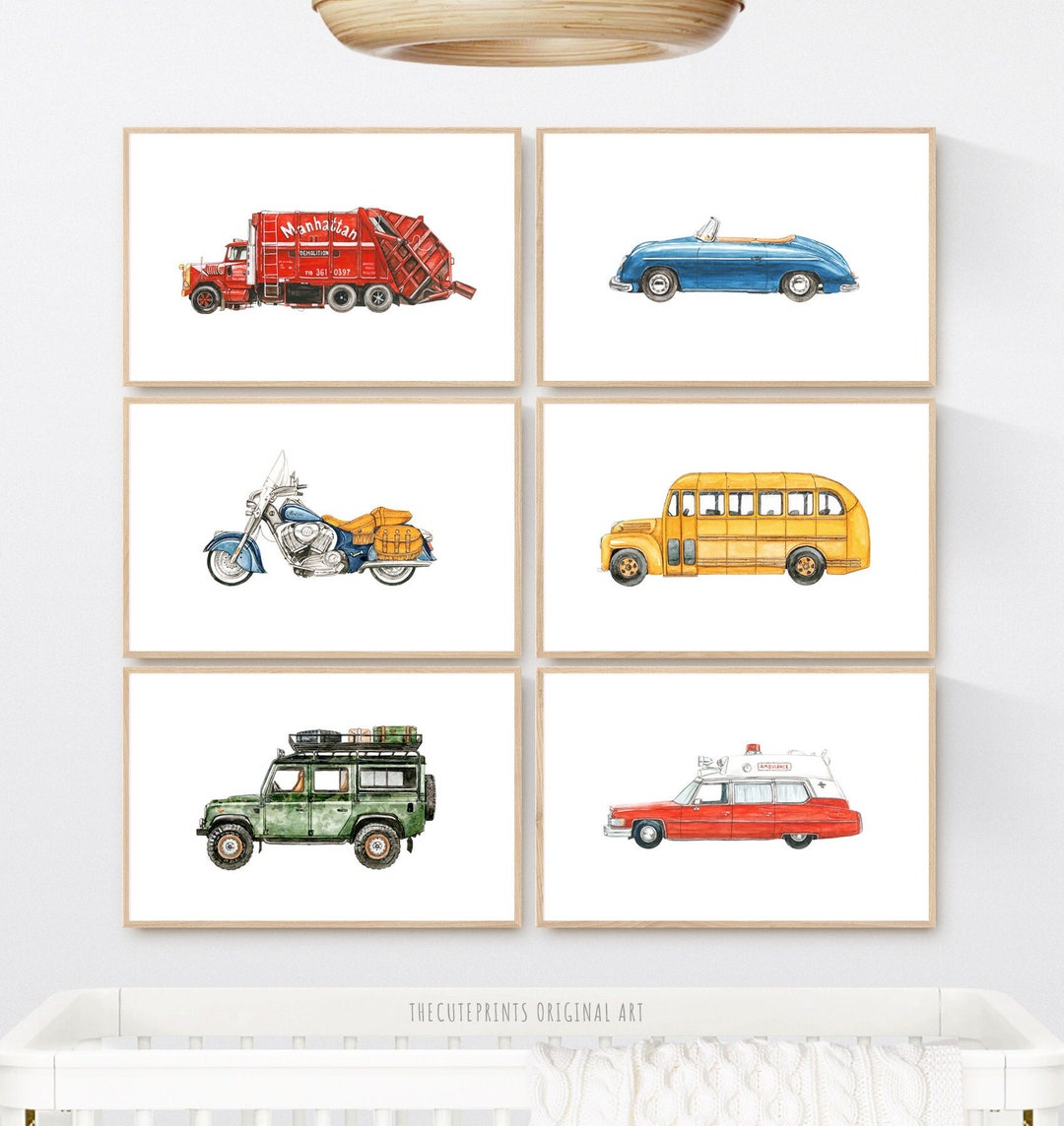 Set of 6 Car Prints, Classic Car Printable Wall Art, Transportation ...