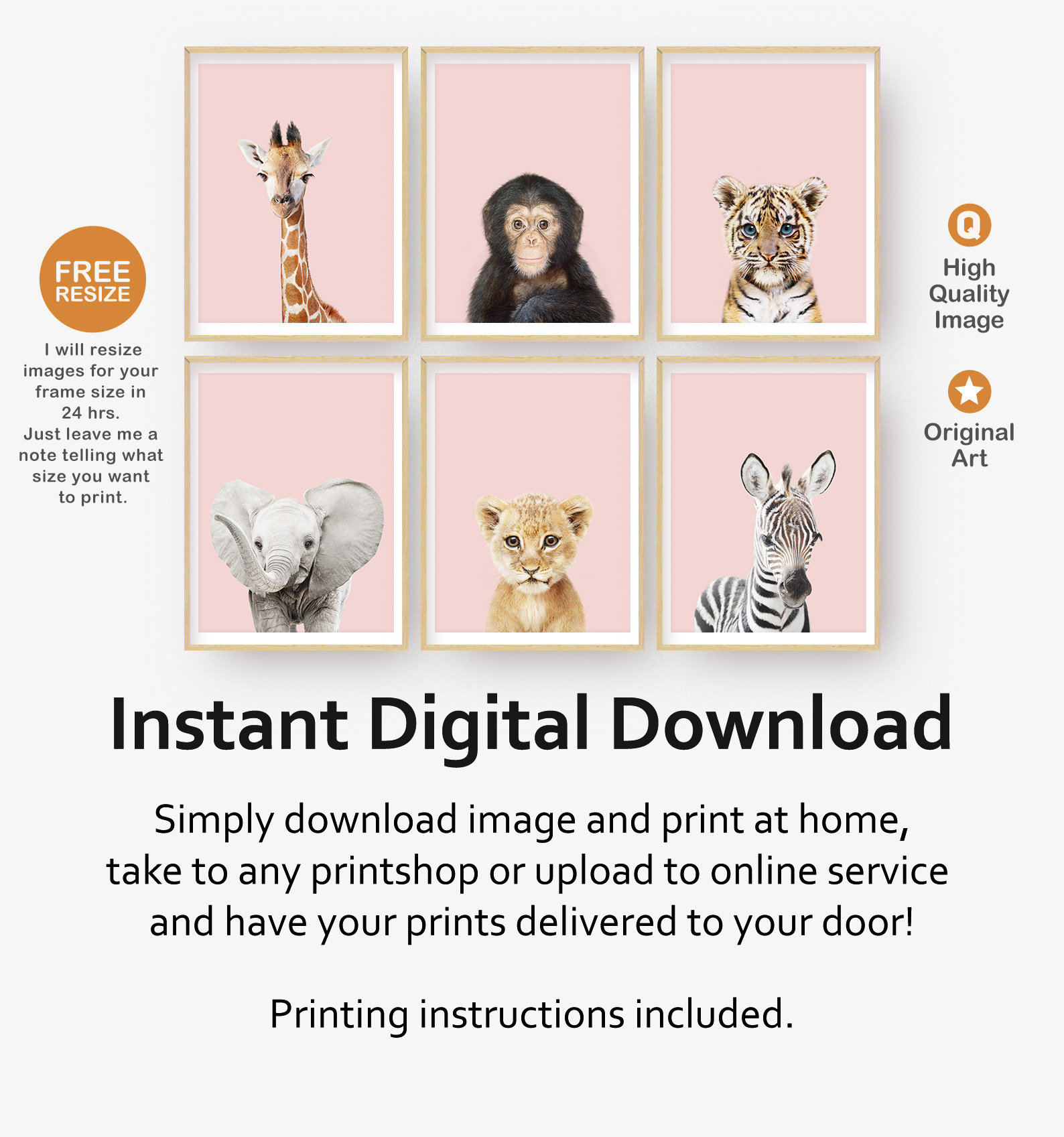 Baby Girl Pink Safari Nursery Print, Set of 6 Animal Prints, Printable ...