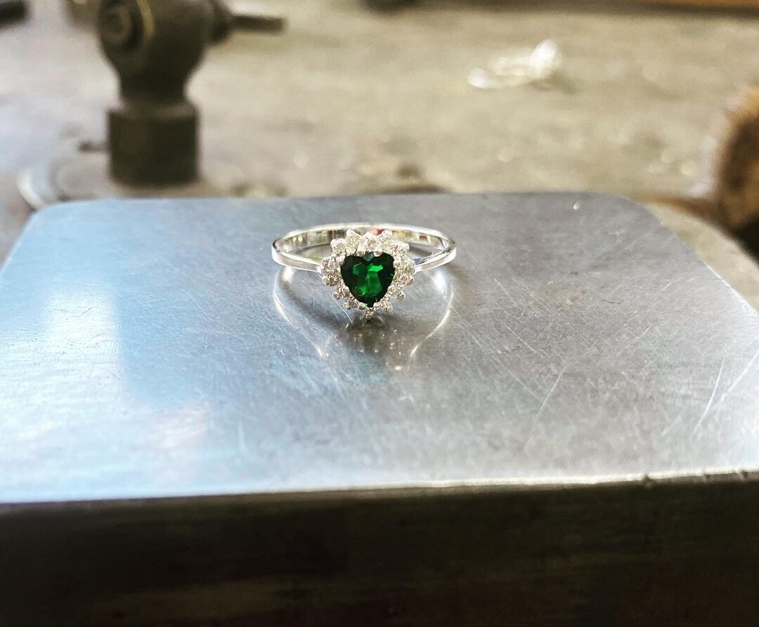 Silver Heart Shaped Emerald Cluster Ring Set With Zirconia February ...