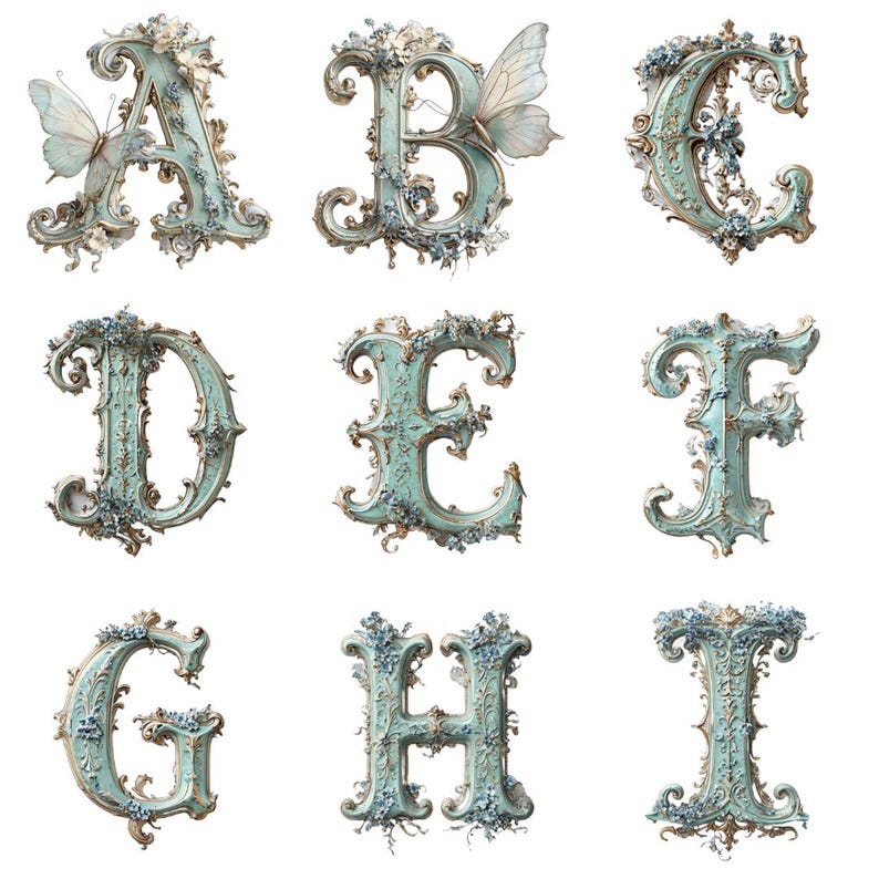 Teal Floral Alphabet Clipart: Ornate Monogram Letters (PNG JPEG ...