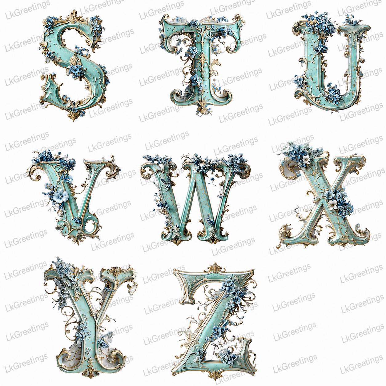 Teal Floral Alphabet Clipart: Ornate Monogram Letters (PNG JPEG ...