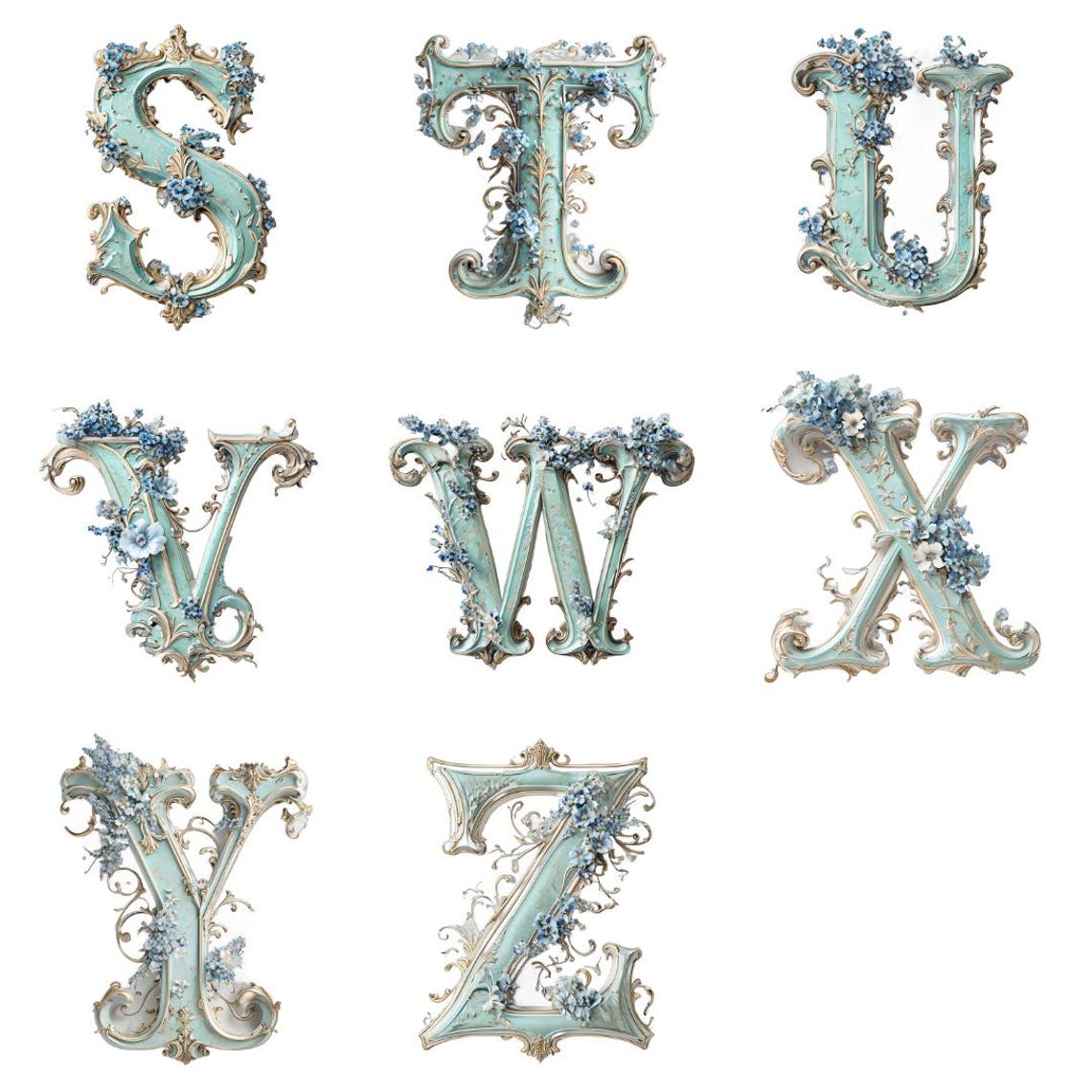 Teal Floral Alphabet Clipart: Ornate Monogram Letters (PNG JPEG ...