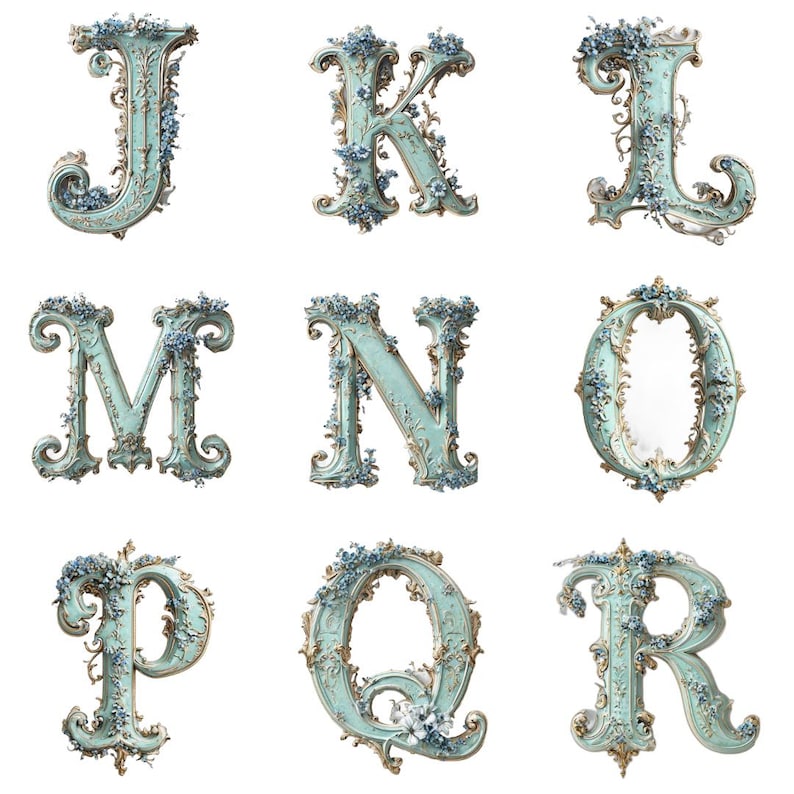 Teal Floral Alphabet Clipart: Ornate Monogram Letters (PNG JPEG ...