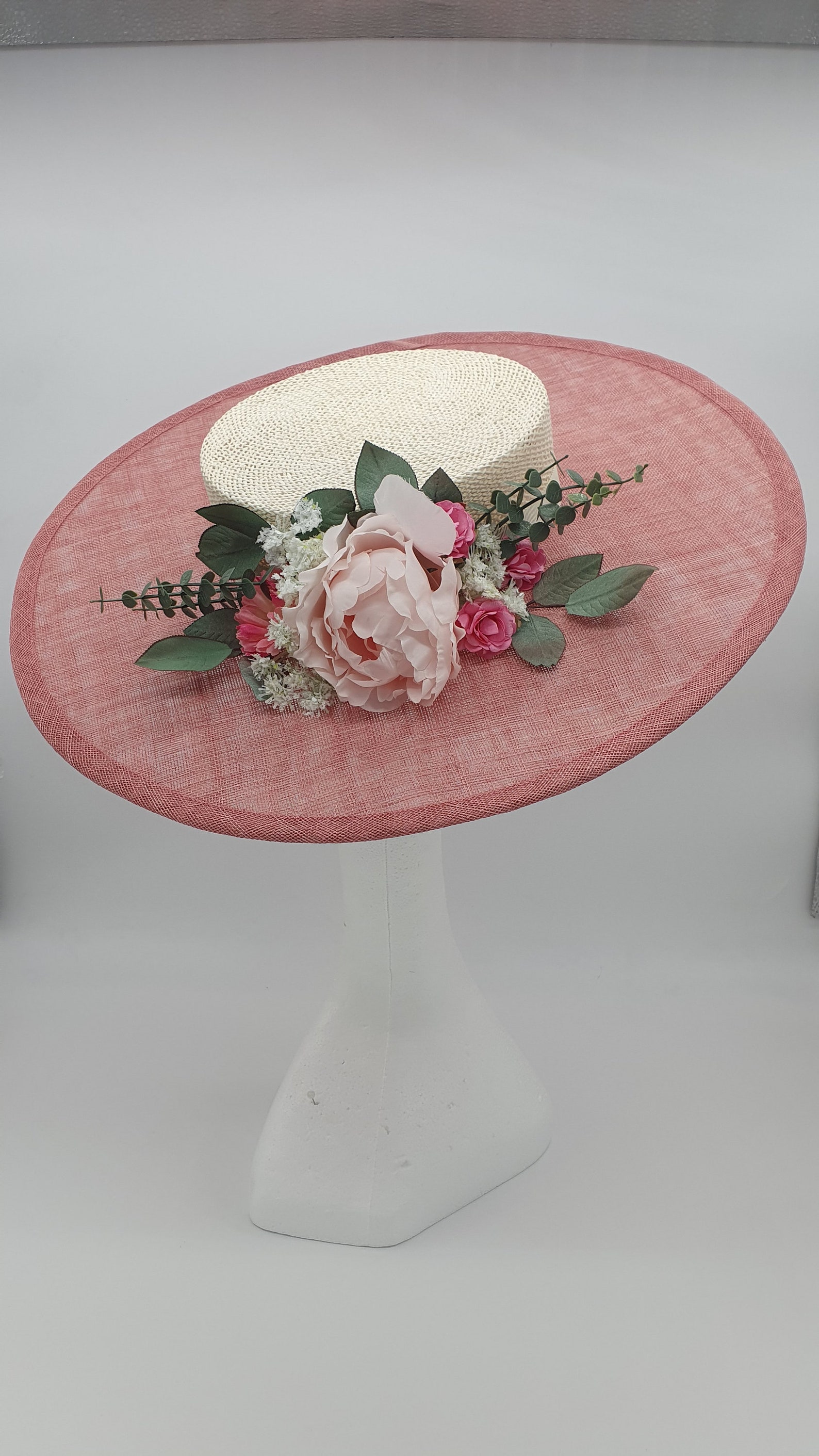 Pink Boater Hat, Wide Brim Boater Hat, Summer Hat, Pink and White ...