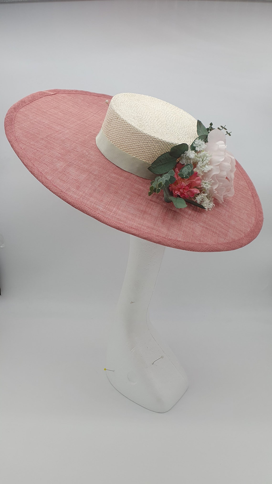 Pink Boater Hat, Wide Brim Boater Hat, Summer Hat, Pink and White ...