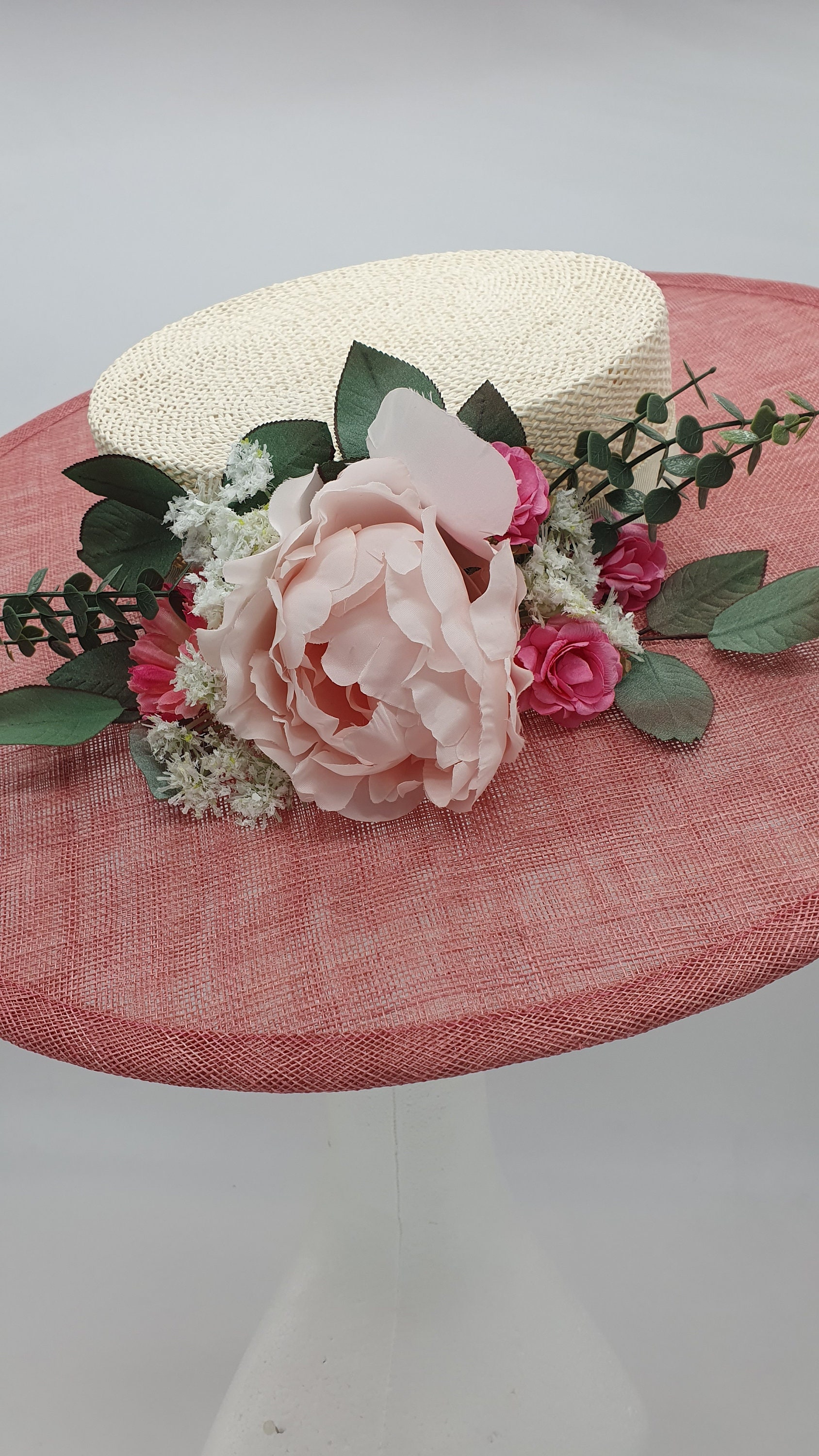 Pink Boater Hat, Wide Brim Boater Hat, Summer Hat, Pink and White ...