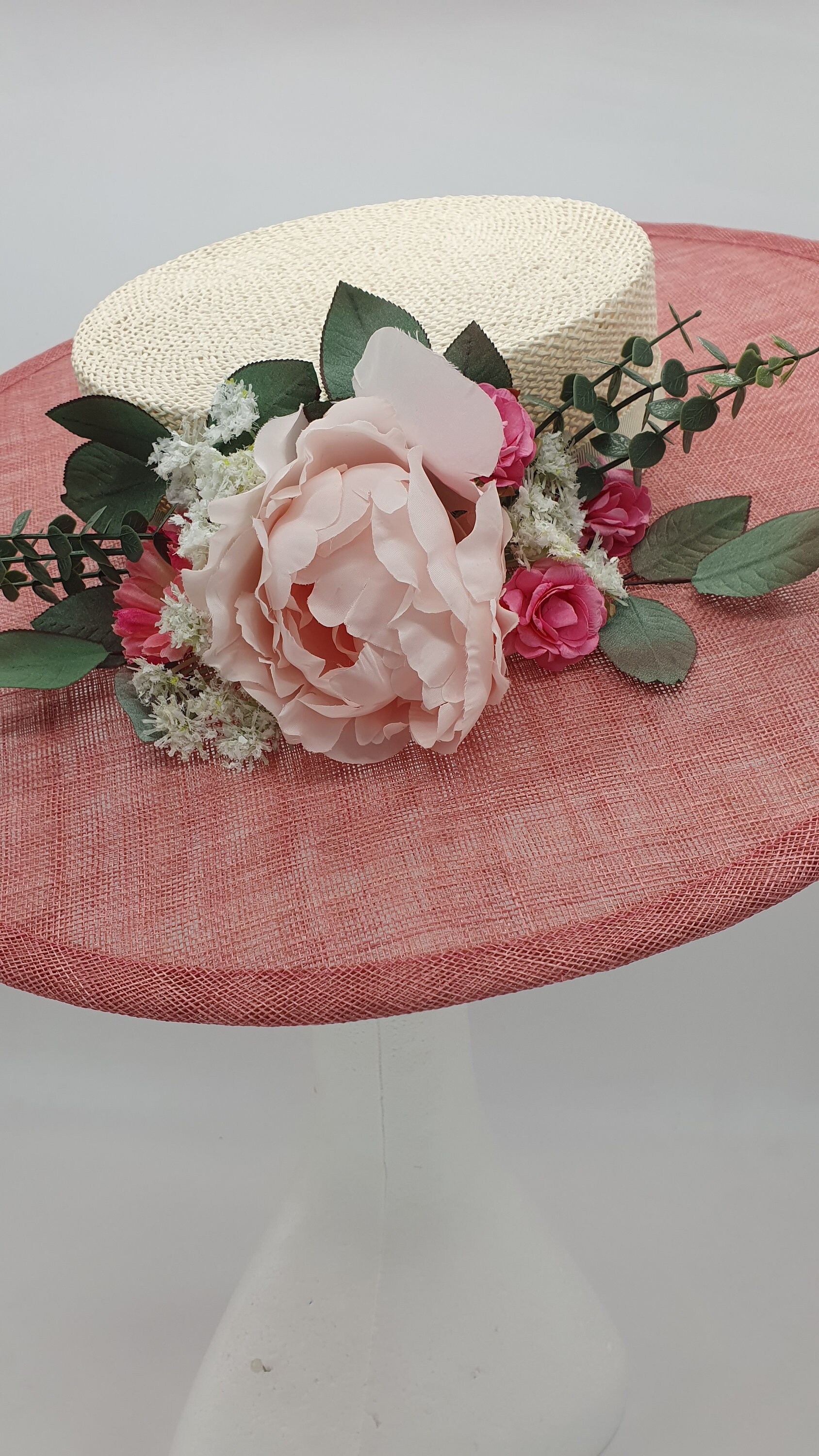 Pink Boater Hat, Wide Brim Boater Hat, Summer Hat, Pink and White ...