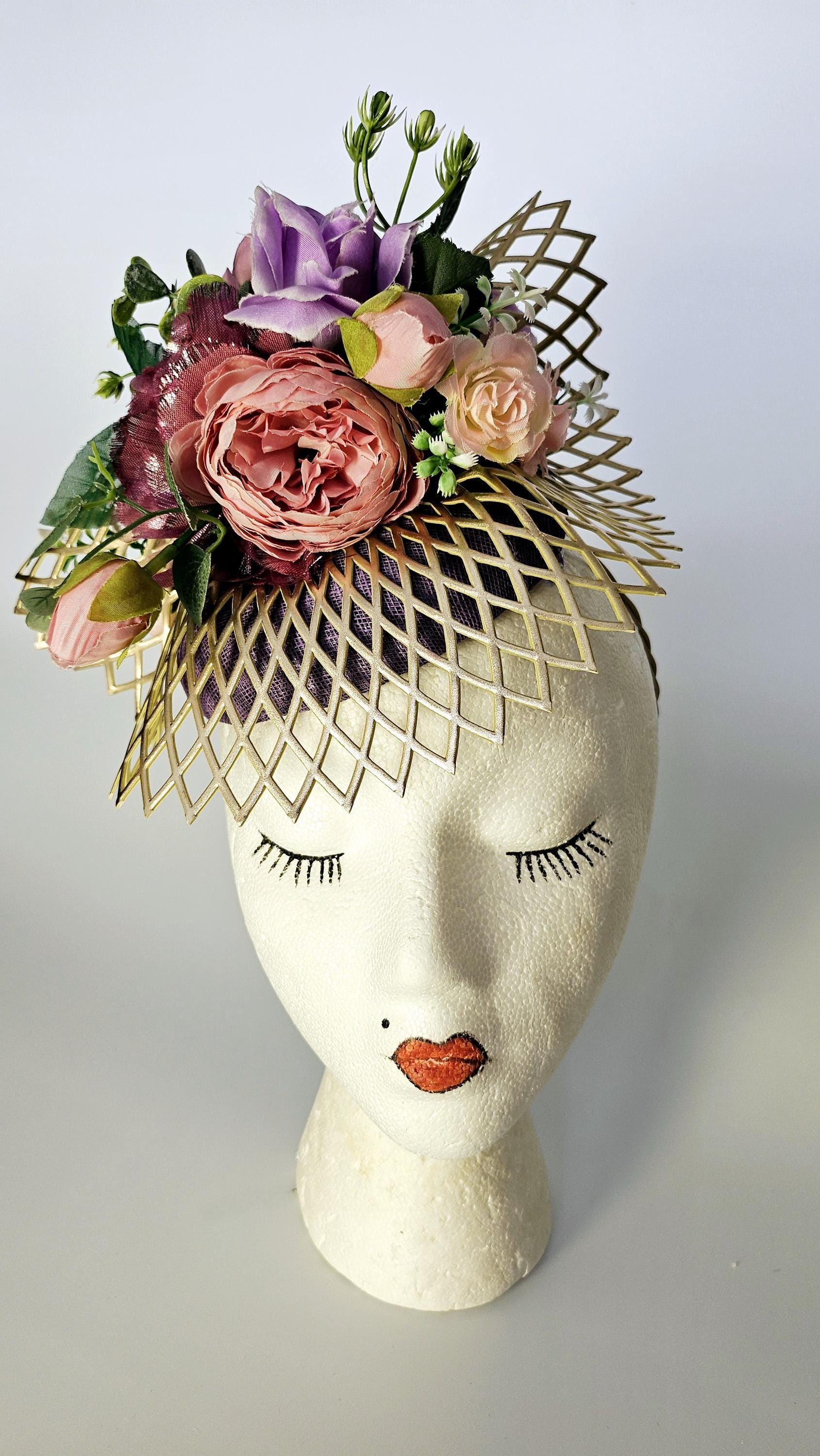 Gold Hat, Pink Flowery Hat With Gold Headpiece, Pink and Purple ...