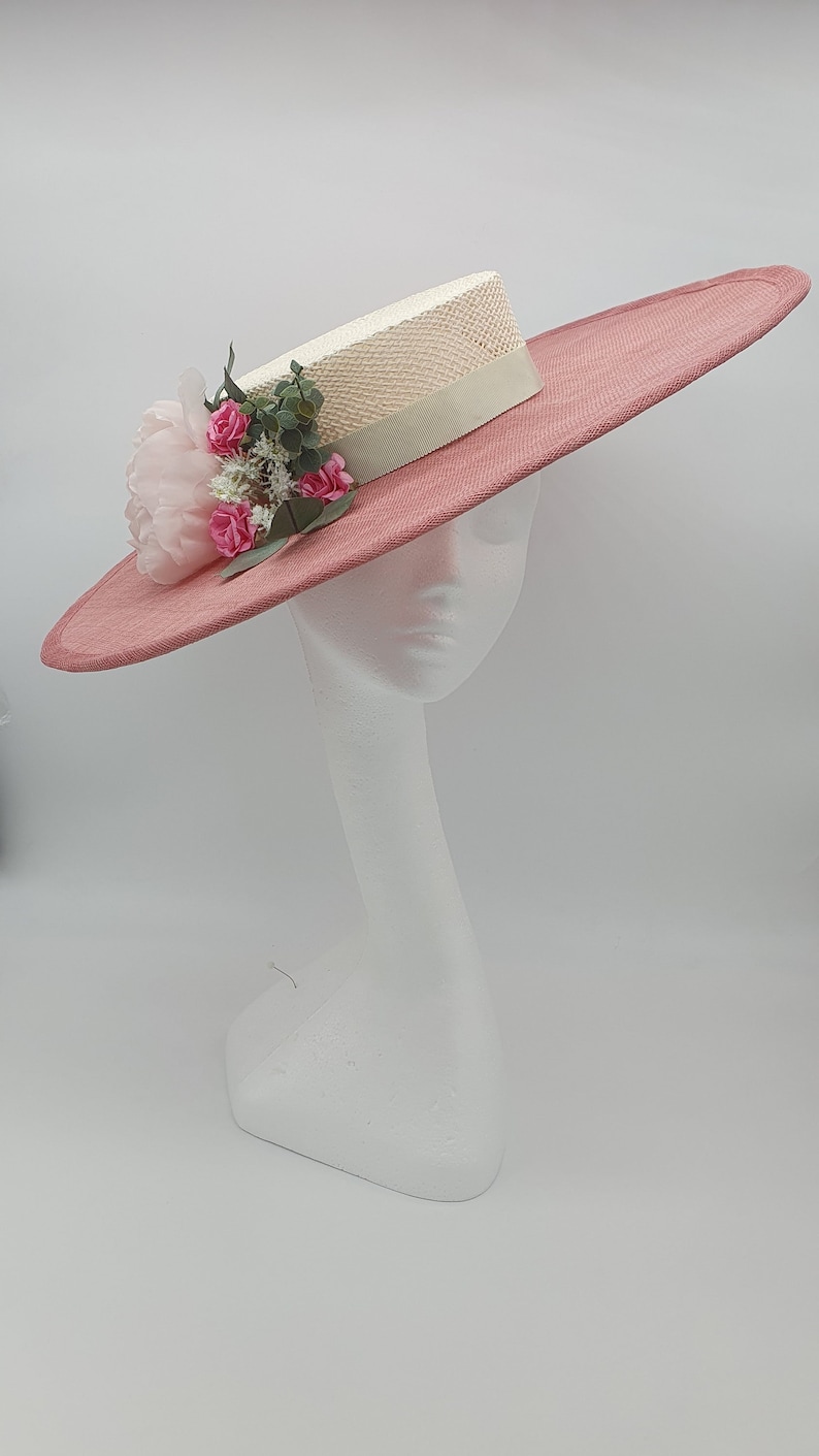 Pink Boater Hat, Wide Brim Boater Hat, Summer Hat, Pink and White ...