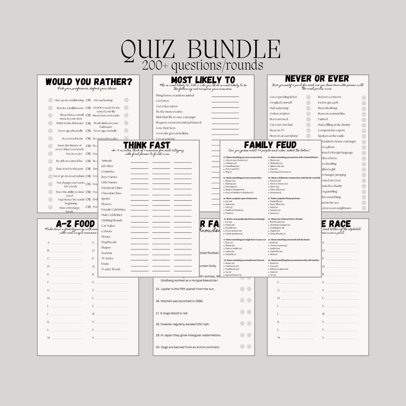 Quiz Game Night Bundle Icebreaker Games Games for Family, Friends ...