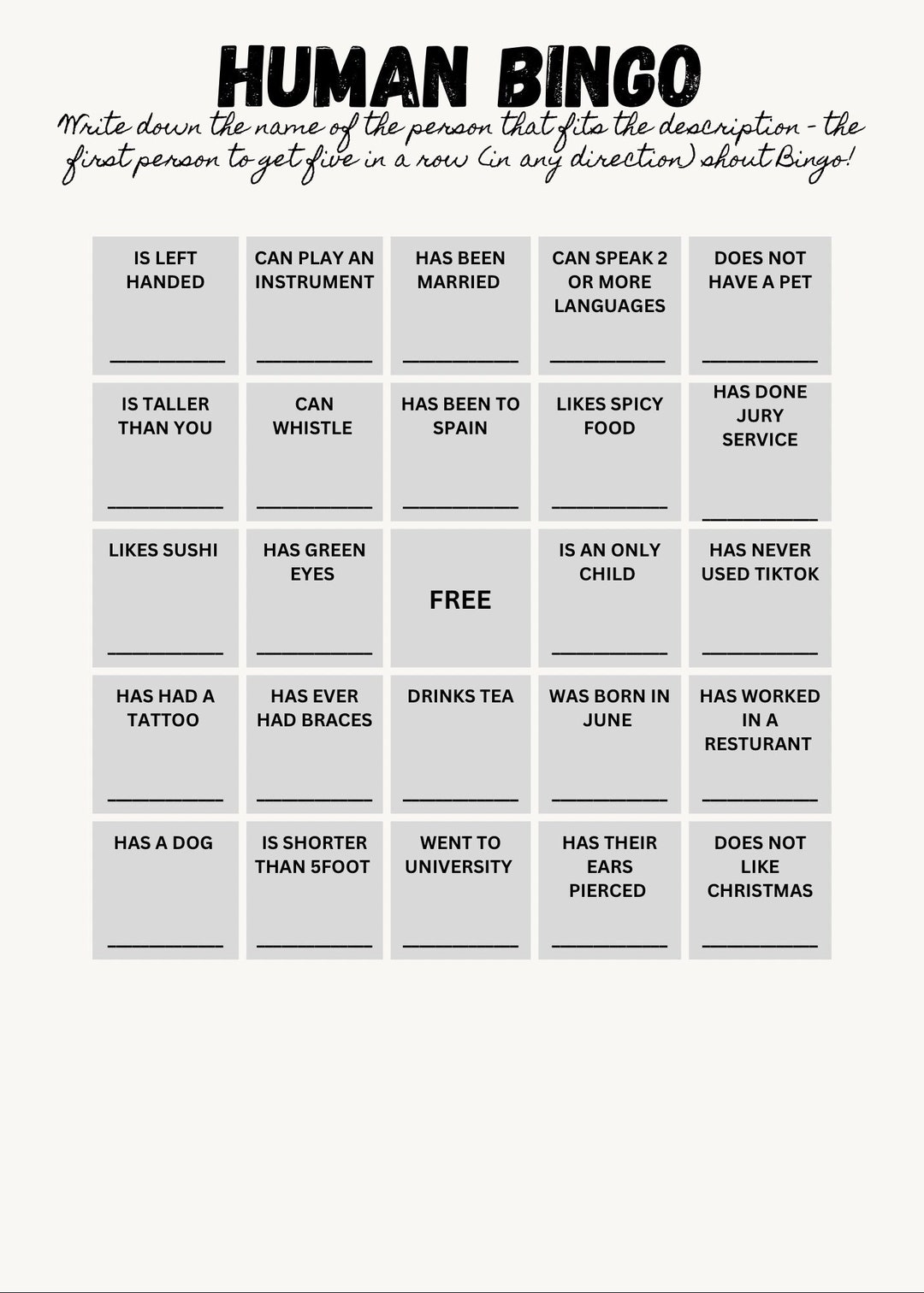 Human Bingo Icebreaker Games Games Night INSTANT - Etsy