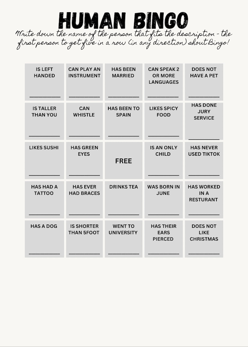 Human Bingo Icebreaker Games Games Night INSTANT - Etsy