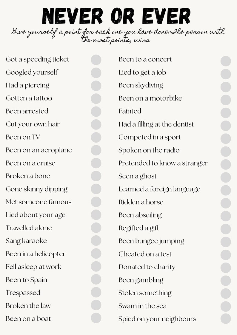 Never or Ever Never Have I Ever Quiz Night INSTANT - Etsy