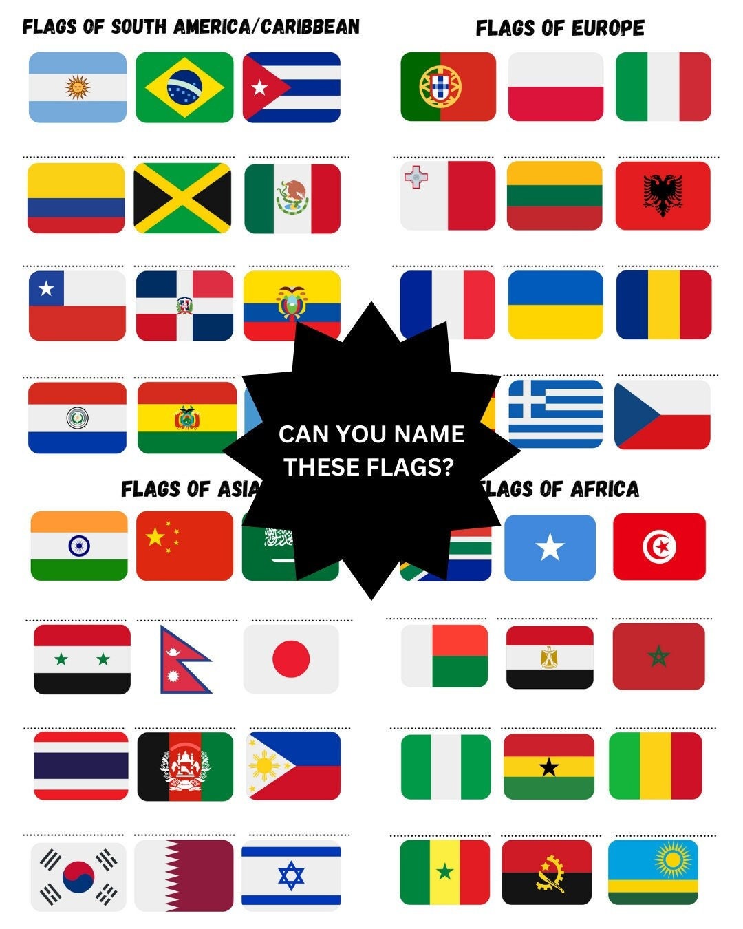 World Flags Quiz Picture Quiz Caribbean South America - Etsy UK