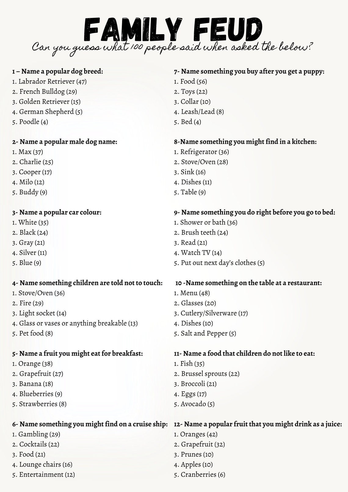 Family Feud Quiz Game Family Games for All Ages Quizzes - Etsy