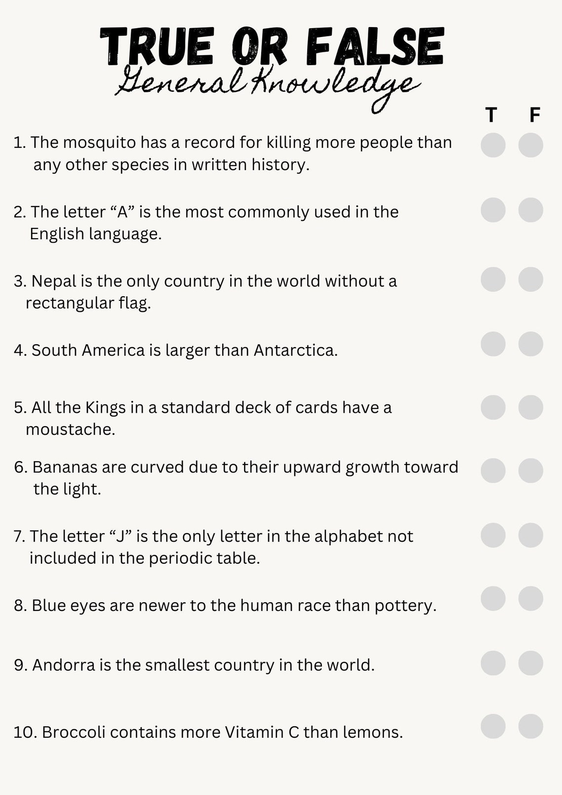 True or False Quiz Printable Family Quiz Friends Quiz - Etsy