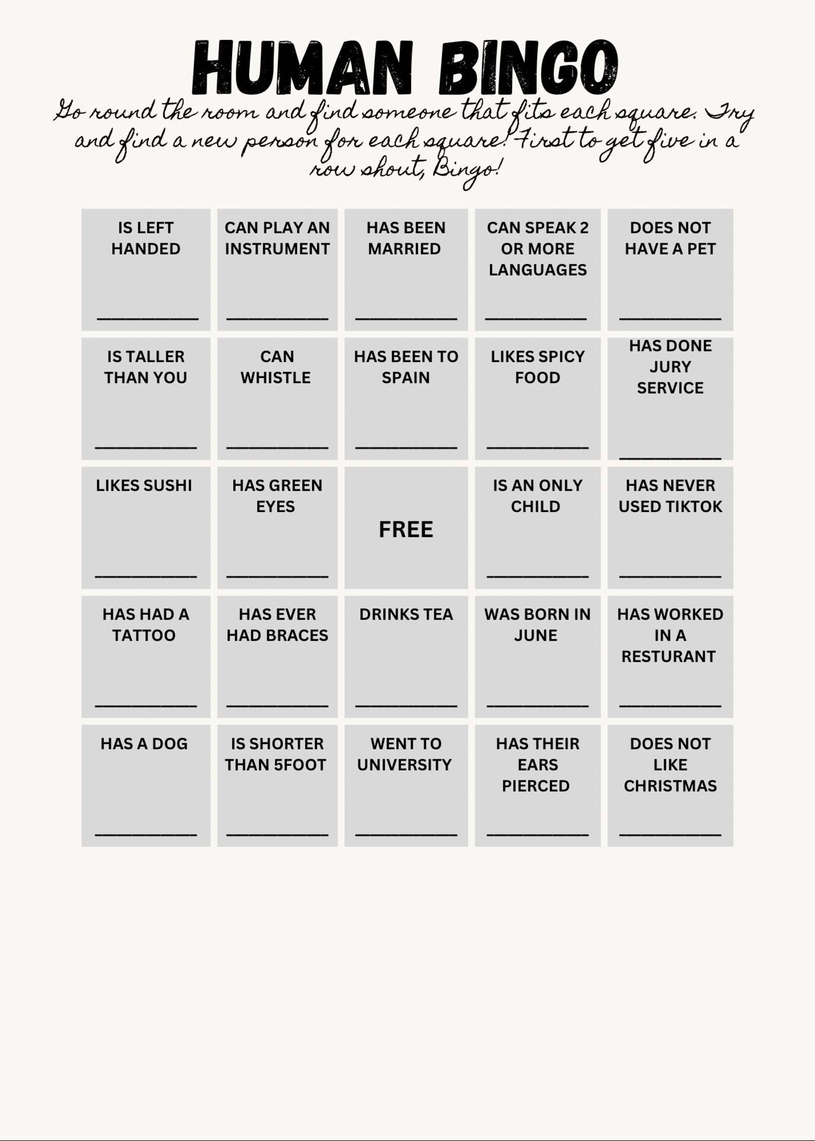 Human Bingo Icebreaker Games Games Night INSTANT - Etsy