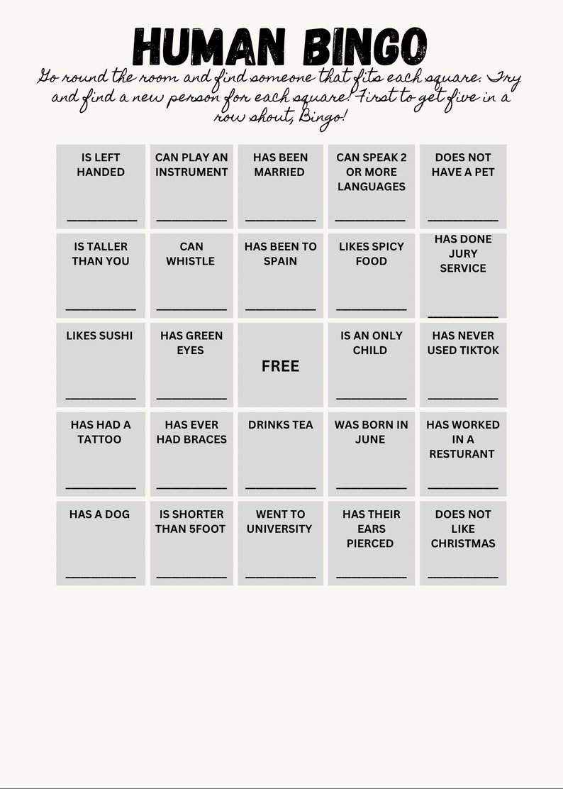 Human Bingo Icebreaker Games Games Night INSTANT - Etsy