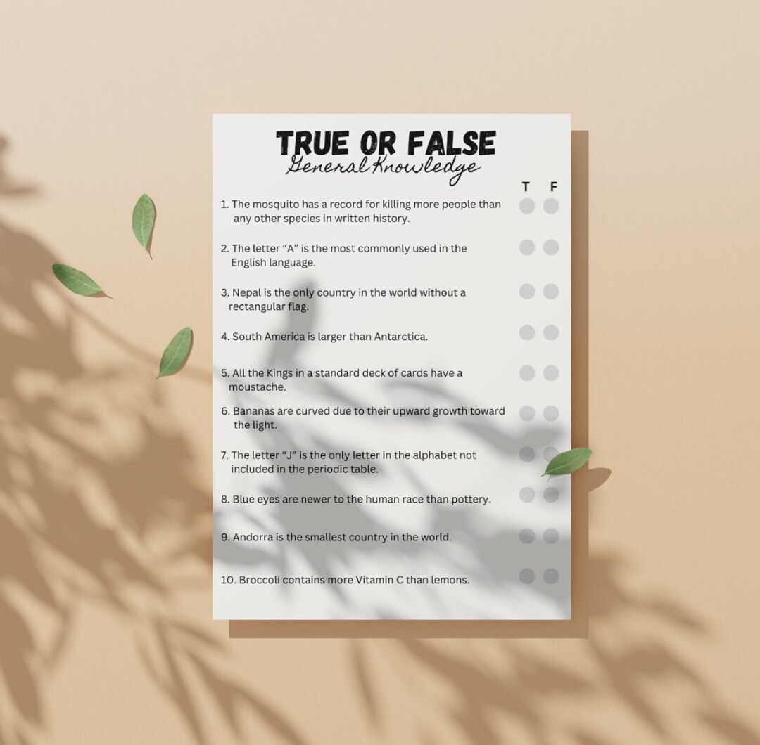 True or False Quiz Printable | Family Quiz | Friends Quiz | General ...