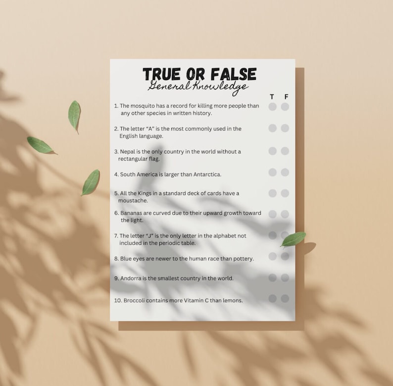 True or False Quiz Printable | Family Quiz | Friends Quiz | General ...