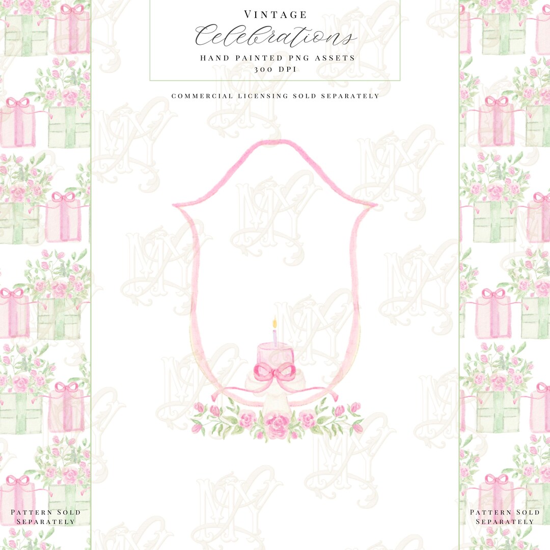 Birthday Crest Vintage Celebrations in Pink Watercolor Illustration ...