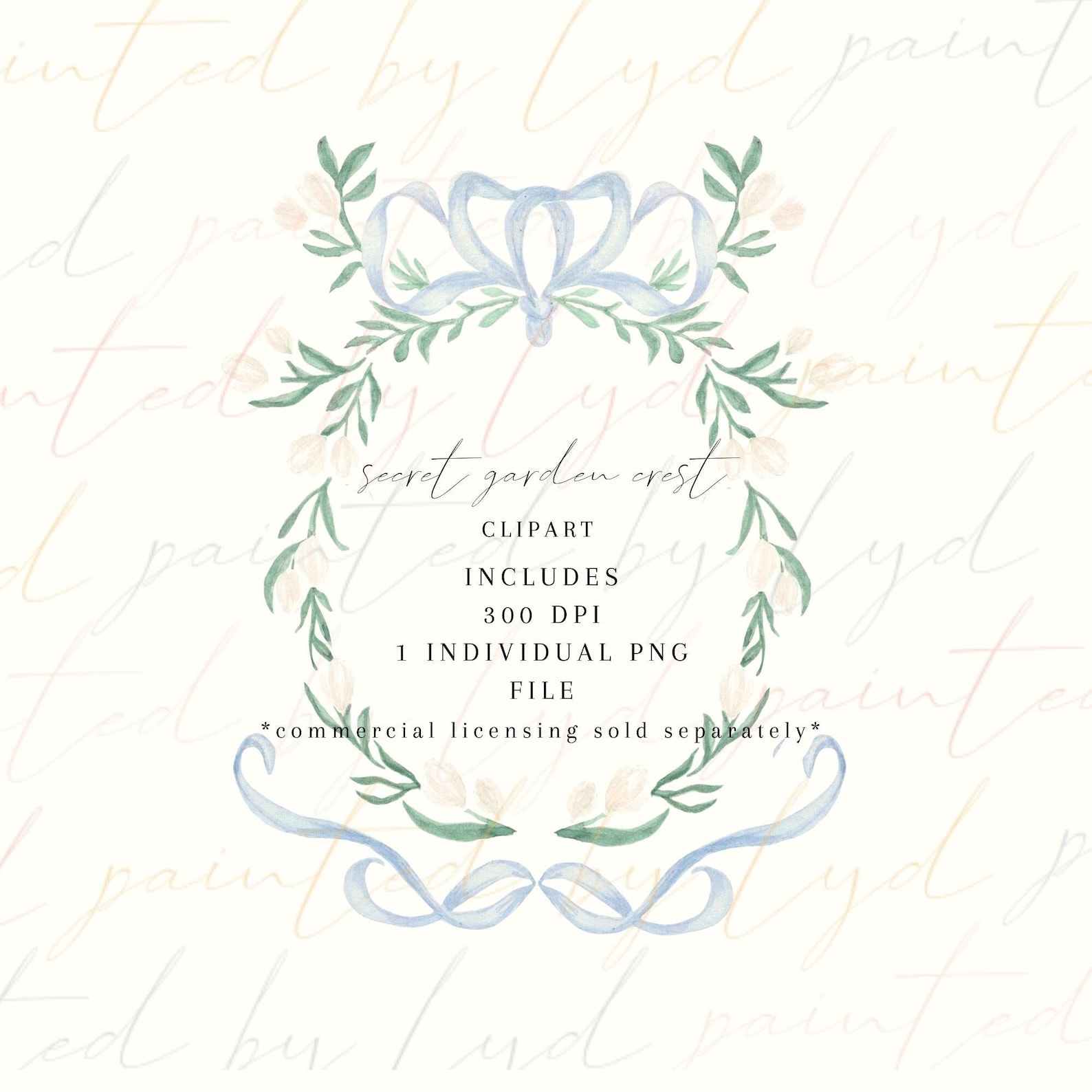 Secret Garden Crest Blue White Painted Watercolor PNG | Etsy