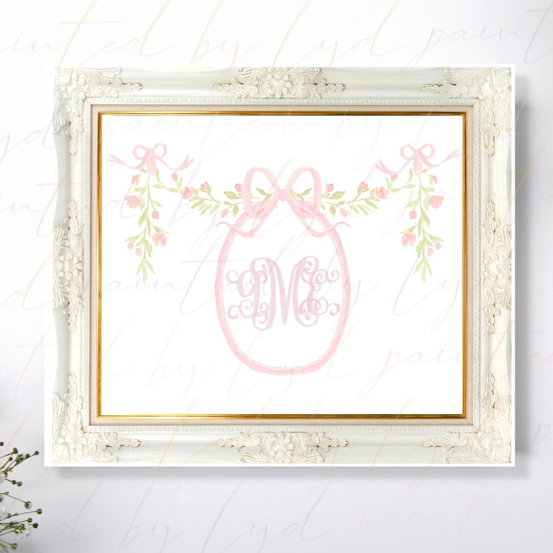 Floret Crest Pink Florals Monogram Hand Painted Watercolor Wall Print ...