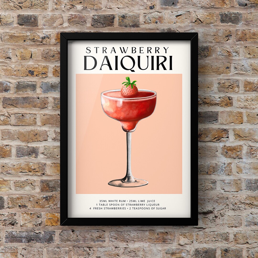 Strawberry Daiquiri Cocktail Recipe Poster | Kitchen Cocktail Wall Art ...