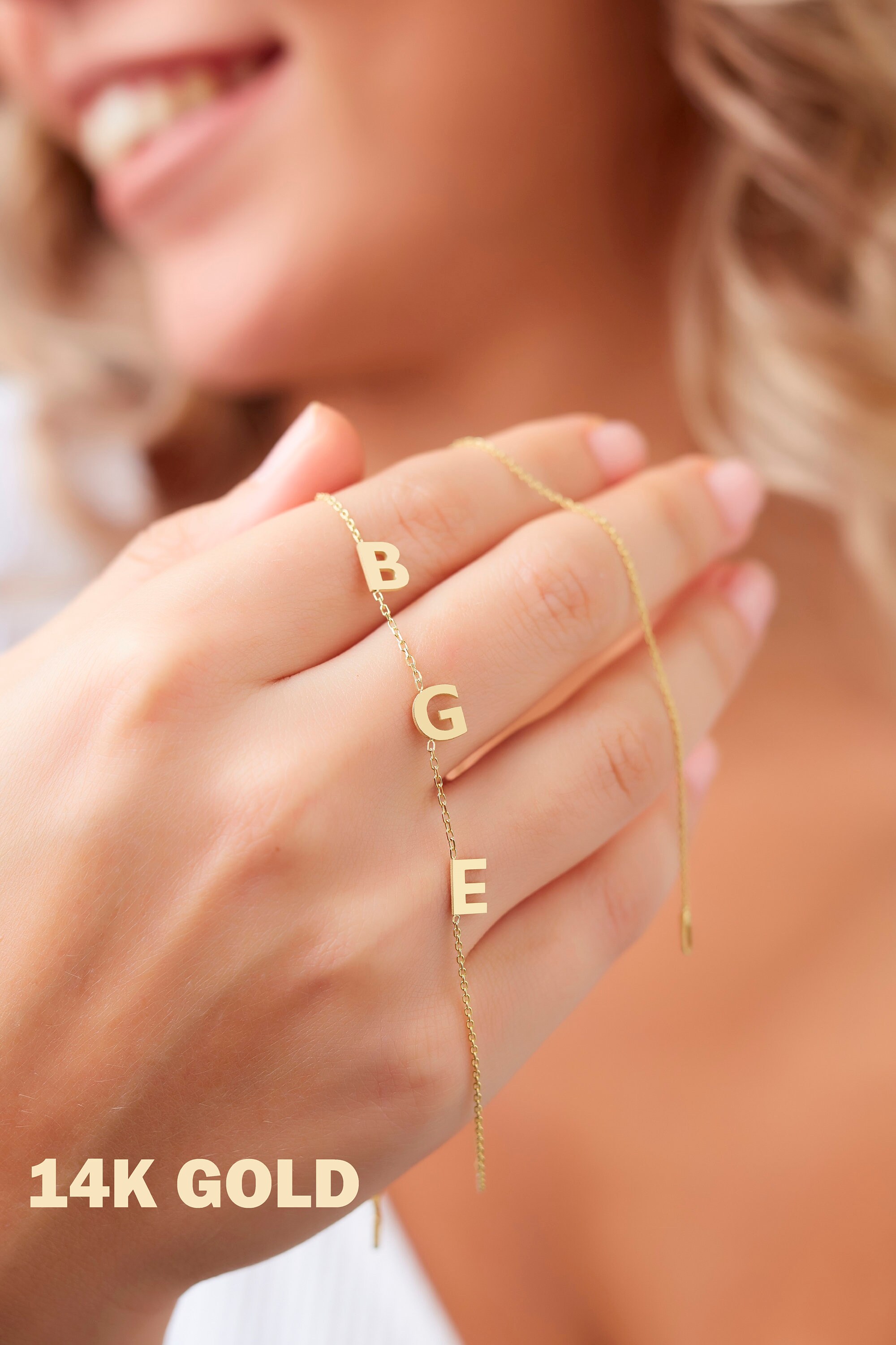 14K Sideway Solid Gold Custom Letter Necklace, 14K Gold Initial ...