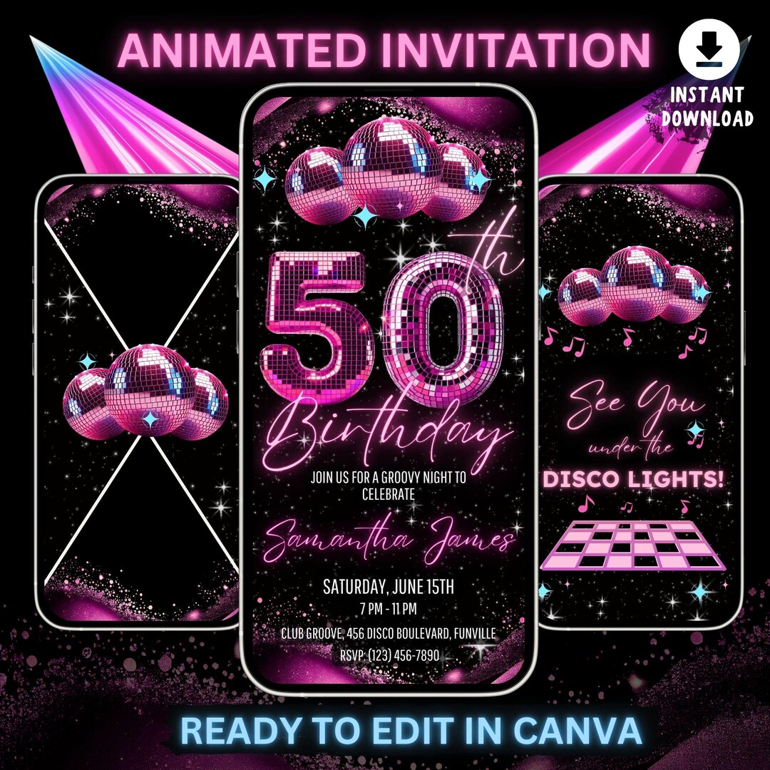 50th Birthday Disco Party Invitation, Self Editable, Animated Pink ...