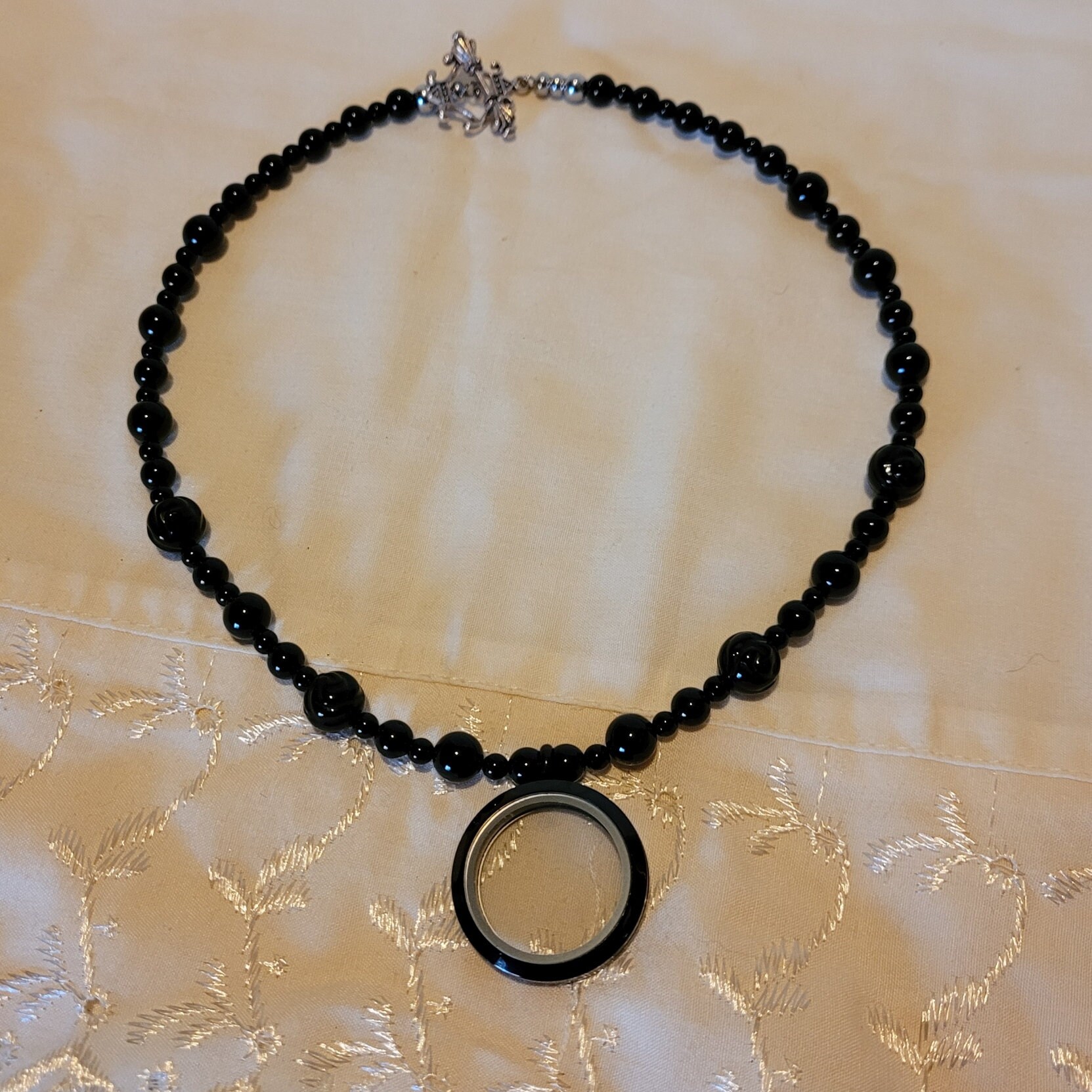 Victorian Mourning Jewelry Necklace Black Onyx Flower Gemstone Memento ...