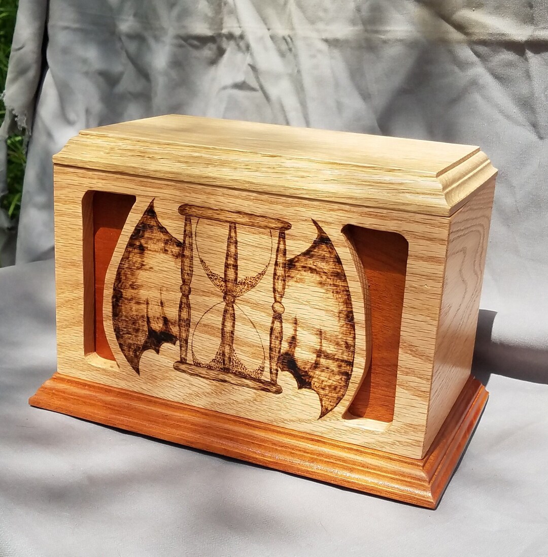 Cremation Urn, Winged Hourglass, Oak and Mahogany Wood Burned ...