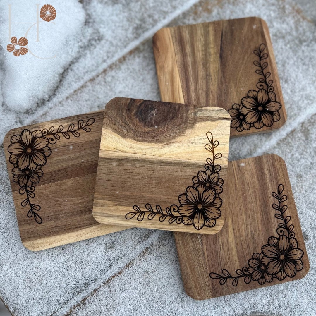 Floral Sunflower Engraved Coaster Set | Rustic Wooden Coasters | Acacia ...