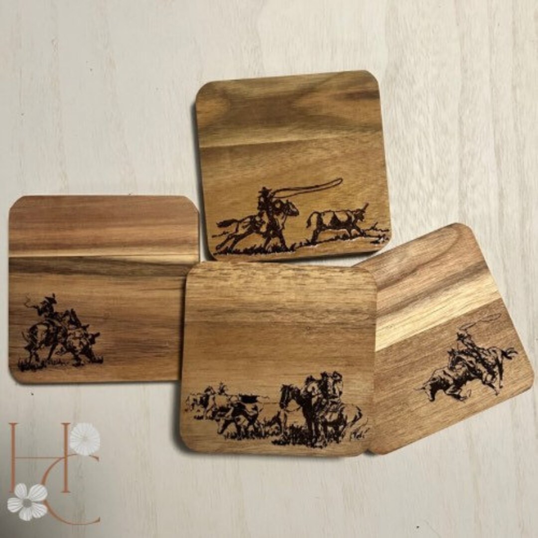 Western Cowboy Engraved Coaster Set | Rustic Wooden Coasters | Acacia ...