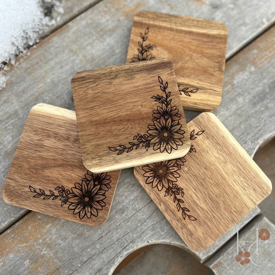 Floral Sunflower Engraved Coaster Set | Rustic Wooden Coasters | Acacia ...