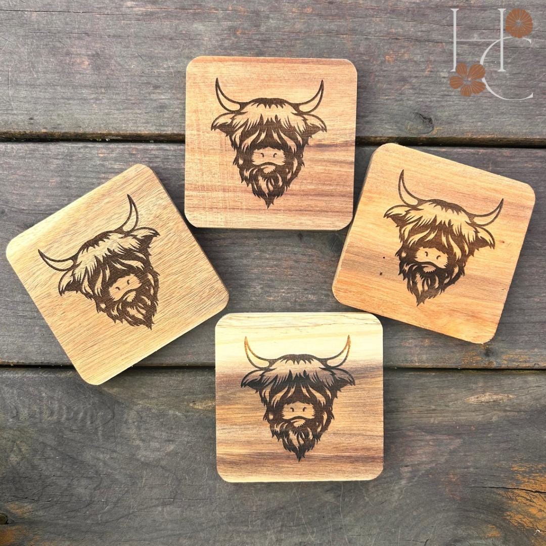 Highland Cow Engraved Coaster Set | Rustic Wooden Coasters | Acacia ...