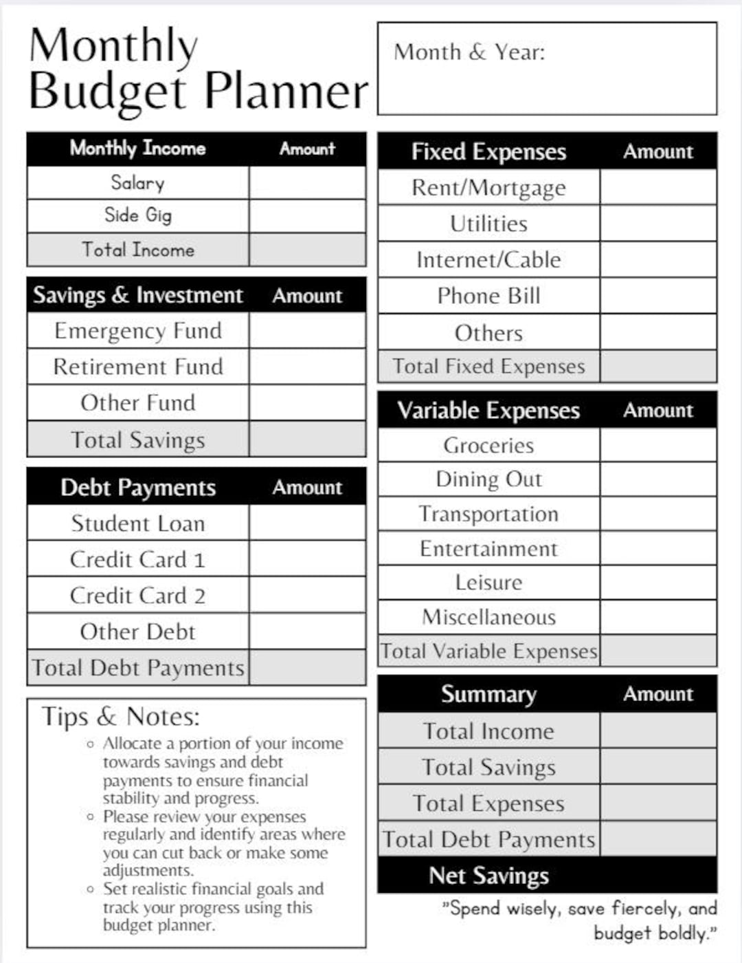 Printable Monthly Budget Planner - Personal Finance Tracker Template ...