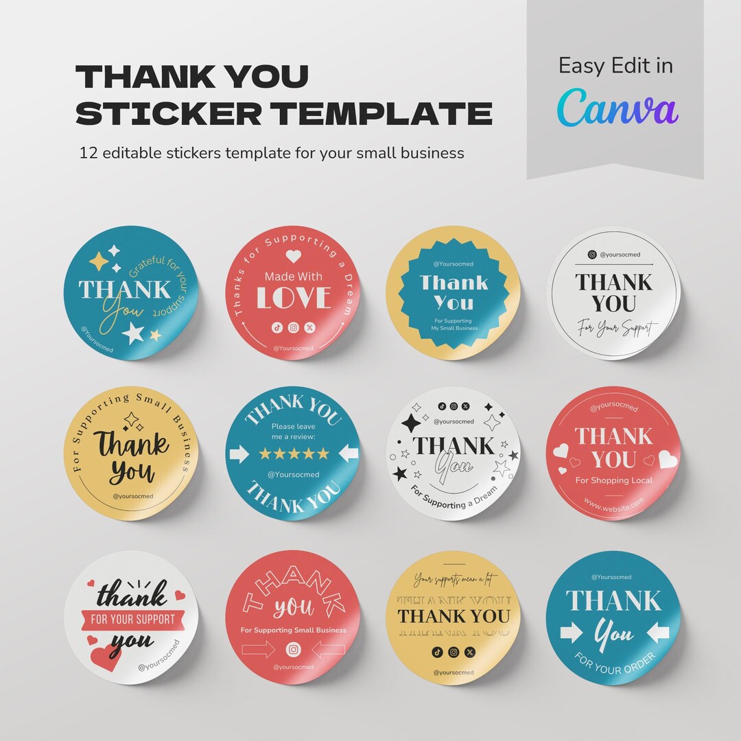 Thank You Sticker Template Canva. Circle 5x5cm | 7.5x7.5cm | 10x10cm ...