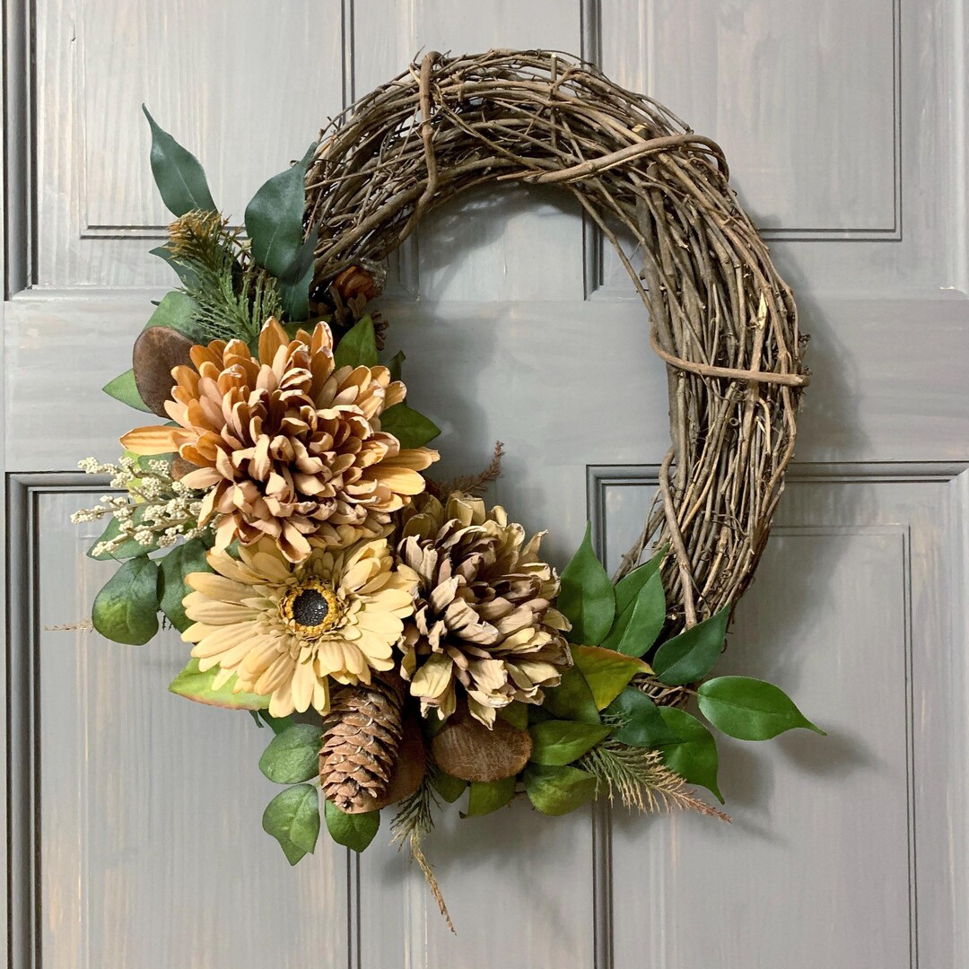Rustic Grapevine Wreath With Cream and Golden Florals | Asymmetrical ...