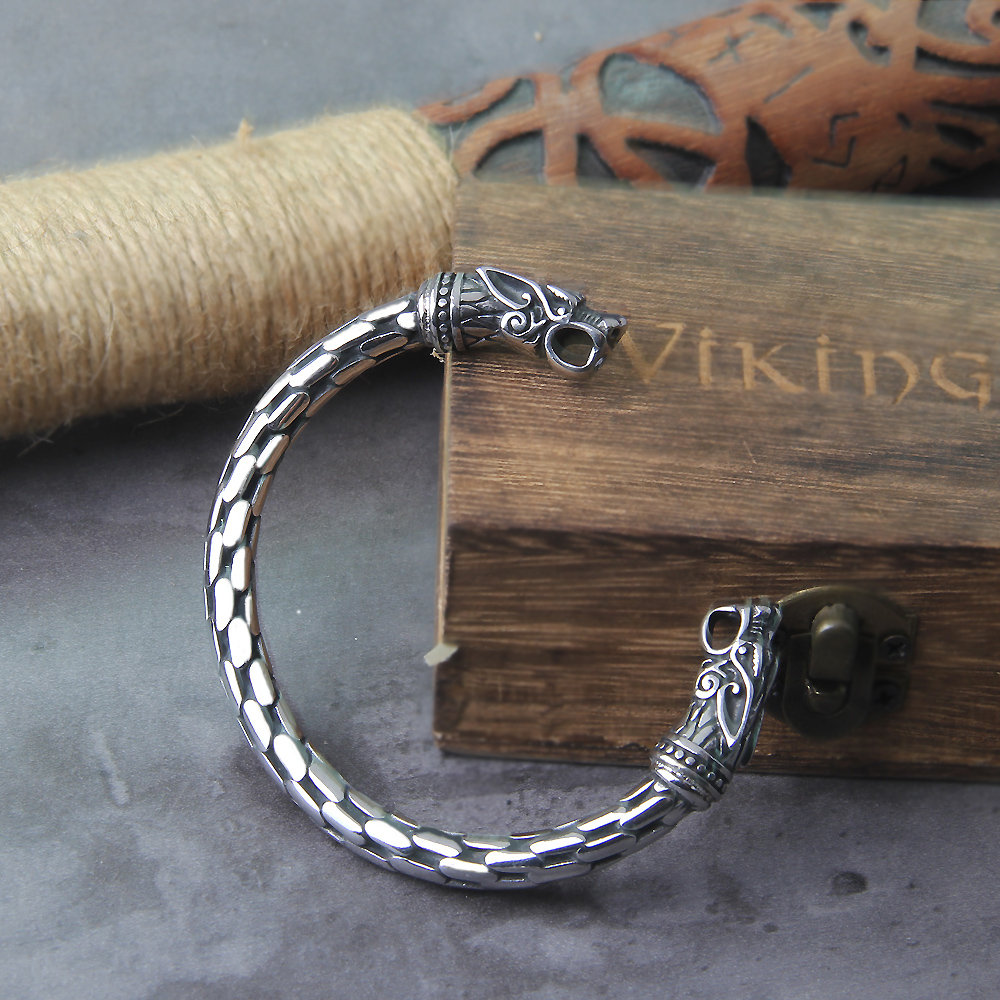 Stainless Steel Nordic Viking Wolf Head Cuff Bracelet With Wooden Box ...