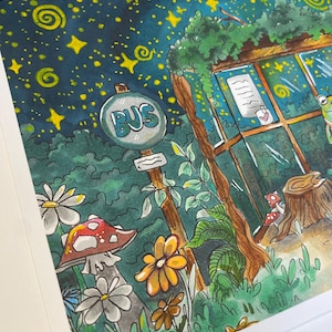 Midnight Bus Stop, Giclee Art Print, Original Illustration, Fantasy ...