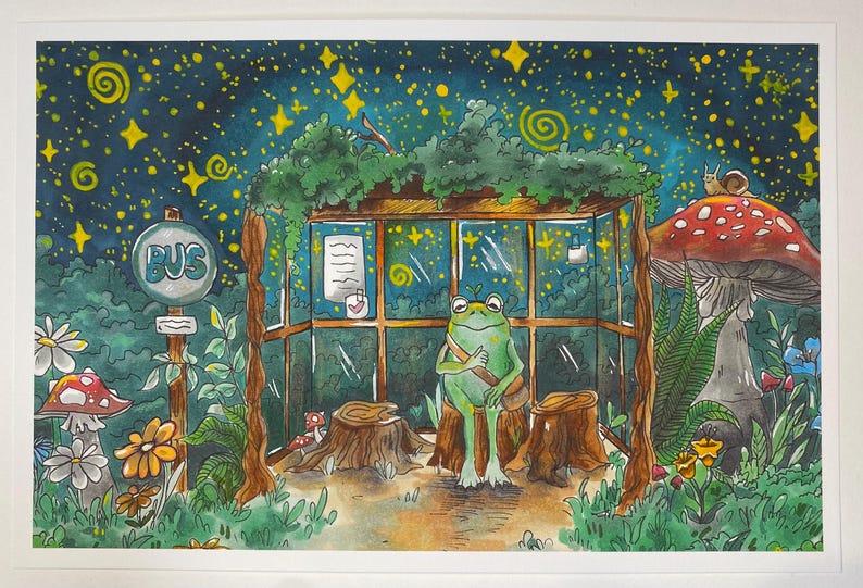 Midnight Bus Stop, Giclee Art Print, Original Illustration, Fantasy ...