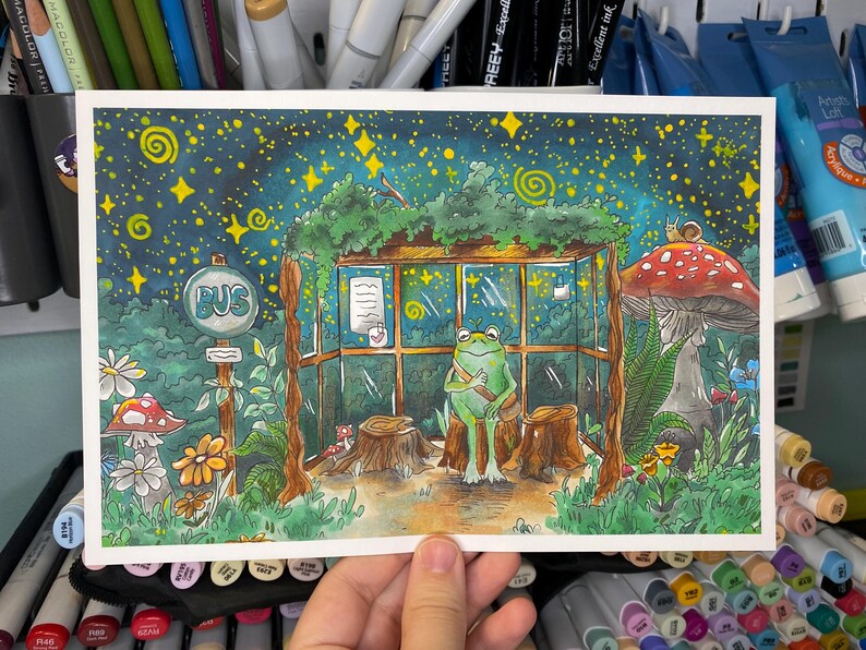 Midnight Bus Stop, Giclee Art Print, Original Illustration, Fantasy ...