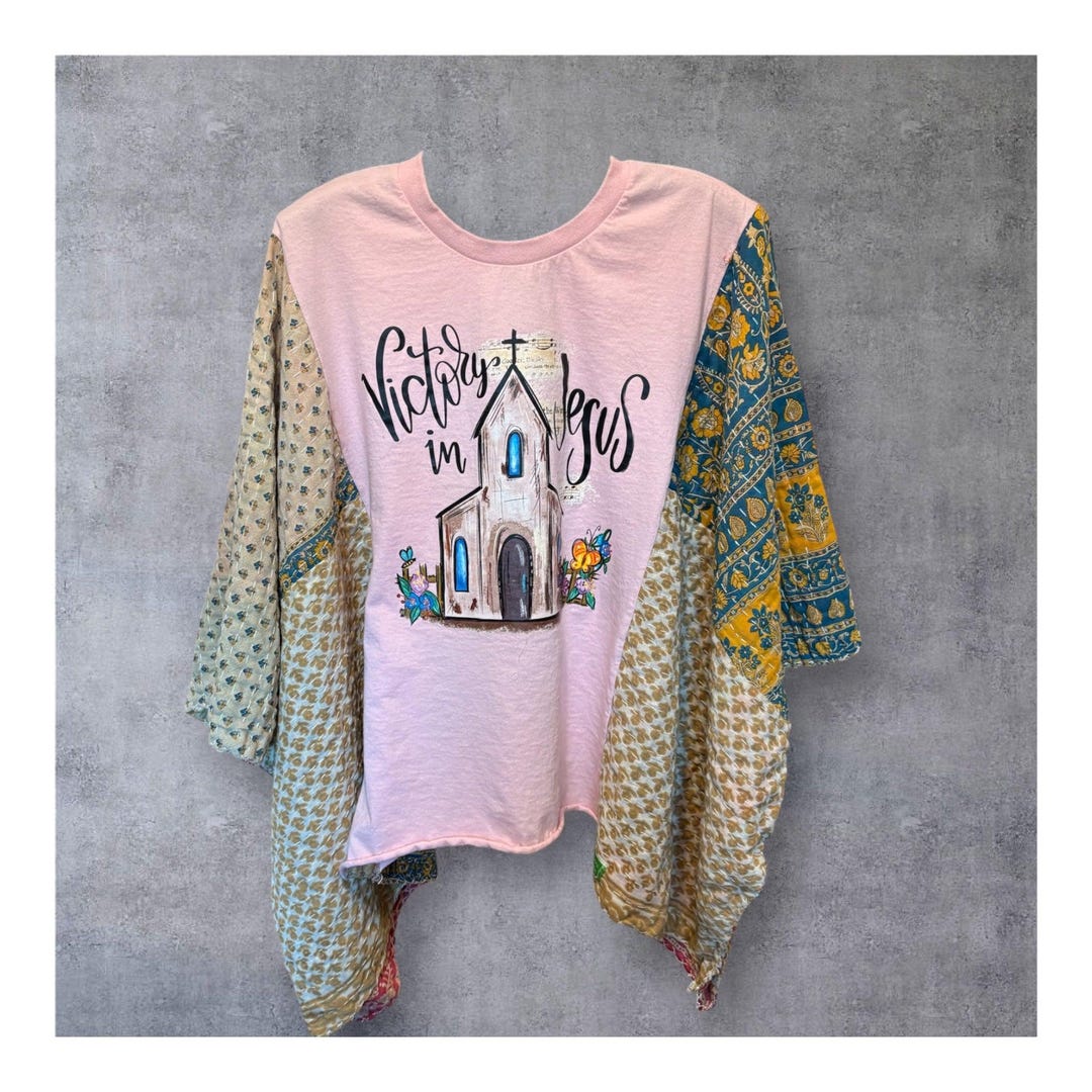 Upcycled Kantha Quilt Poncho Tee: 'victory in Jesus' Oversized Top - Etsy